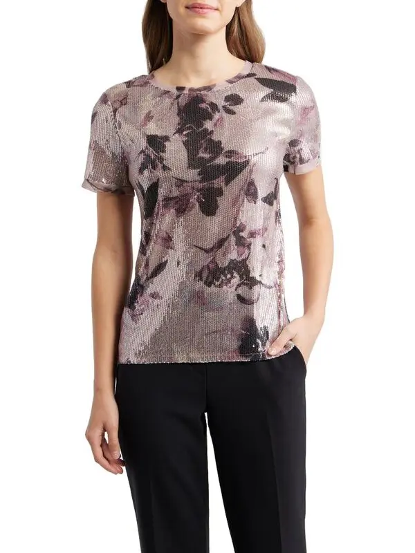 Anne Klein Floral Print Sequin T-shirt - Flamingo Multi