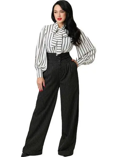 Unique Vintage High Waist Wide Leg Trousers - Black Pinstripe