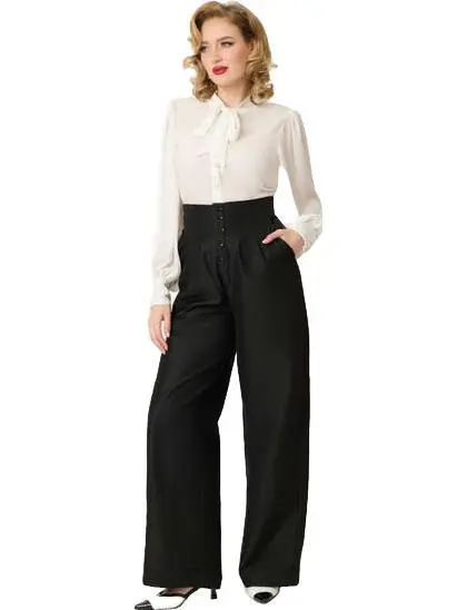 Unique Vintage High Waist Wide Leg Trousers - Black Solid