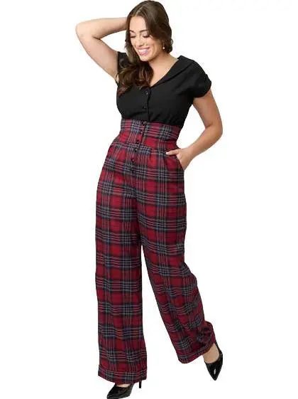 Unique Vintage High Waist Wide Leg Trousers - Red