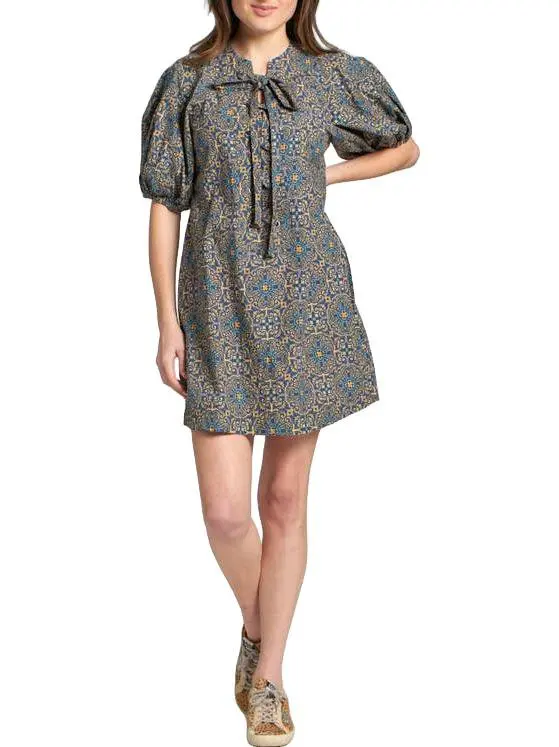 APNY Mixed Tile Print Puff Sleeve Dress - Indigo Multi