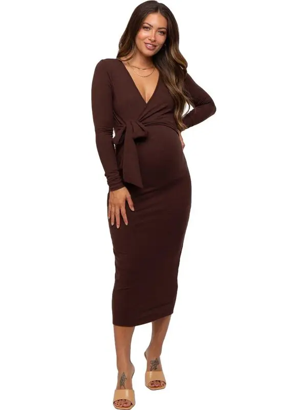 PINKBLUSH Ribbed Long Sleeve Wrap Dress - Brown