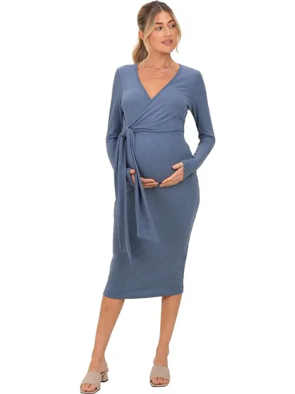 PINKBLUSH Ribbed Long Sleeve Maternity Wrap Dress - Denim