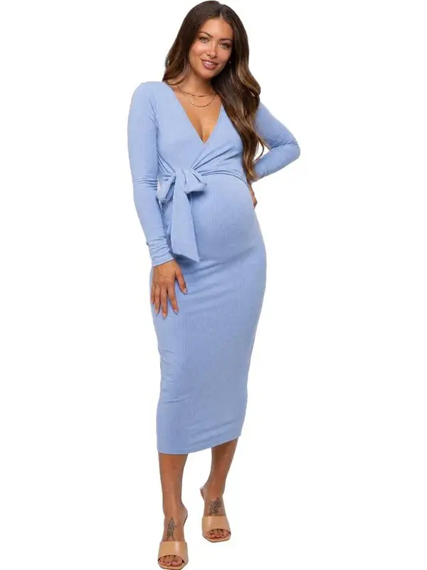PINKBLUSH Ribbed Long Sleeve Wrap Dress - Light Blue