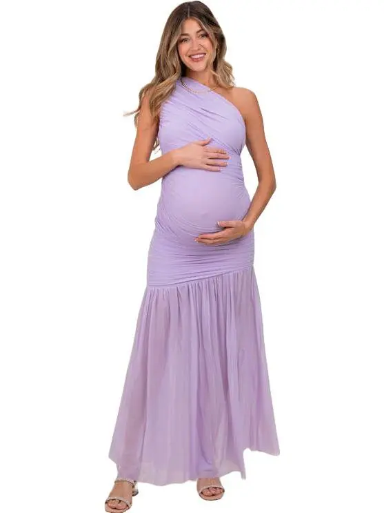 PINKBLUSH Ruched Mesh One Shoulder Maxi Dress - Lavender