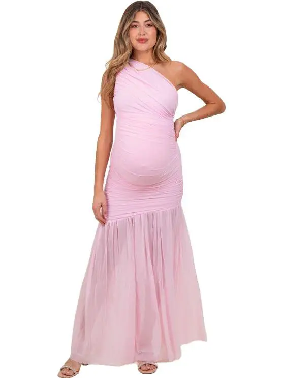 PINKBLUSH Ruched Mesh One Shoulder Maxi Dress - Light Pink