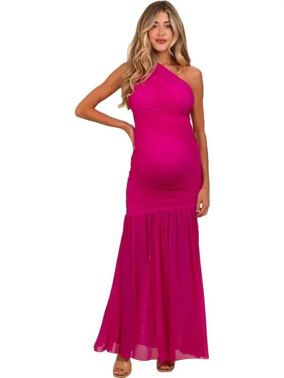 PINKBLUSH Ruched Mesh One Shoulder Maxi Dress - Magenta