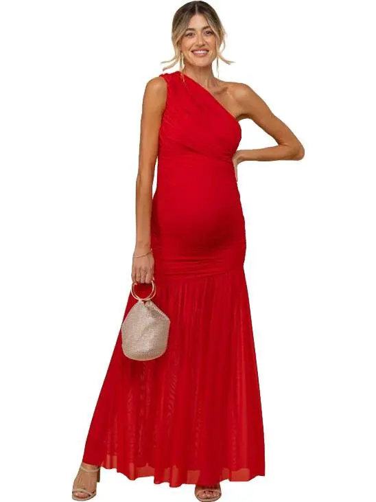 PINKBLUSH Ruched Mesh One Shoulder Maxi Dress - Red