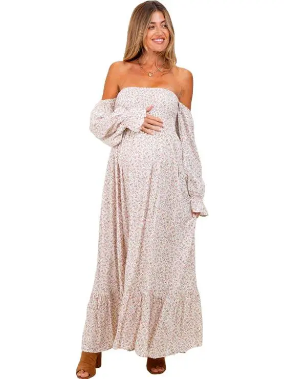PINKBLUSH Floral Smocked Off Shoulder Maxi Dress - Cream