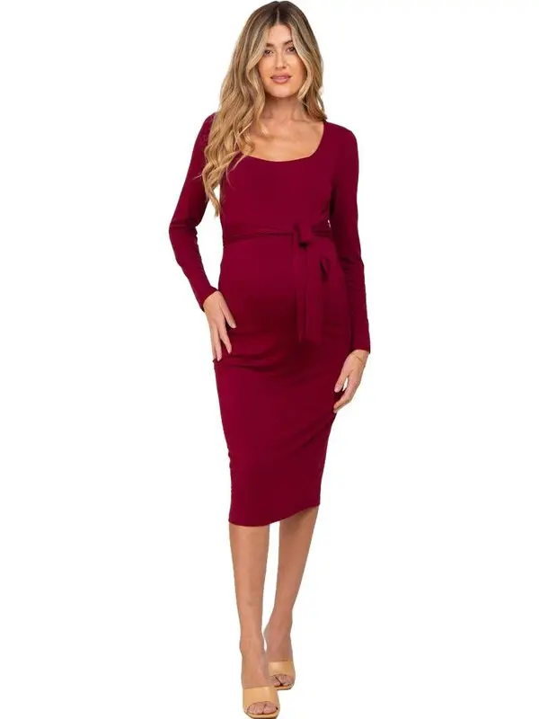 PINKBLUSH Square Neck Midi Dress - Burgundy