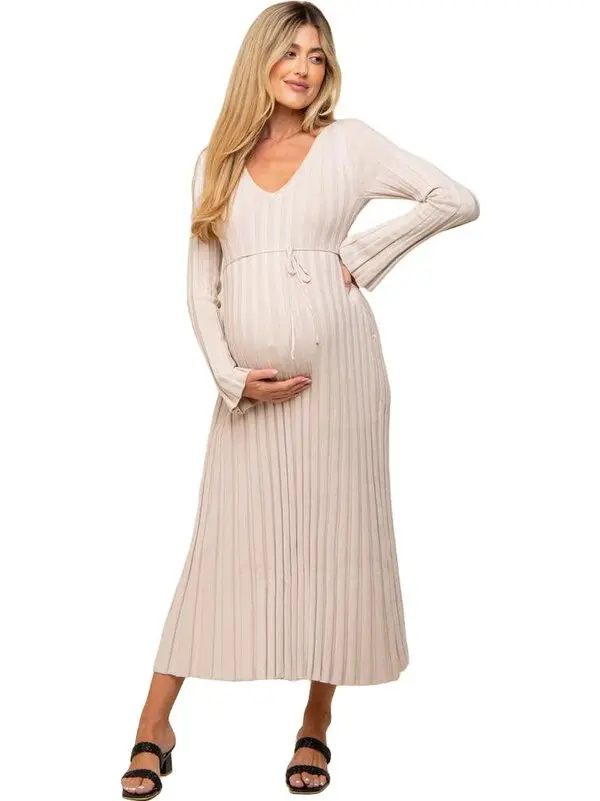 PINKBLUSH Ribbed Knit Maxi Dress - Taupe