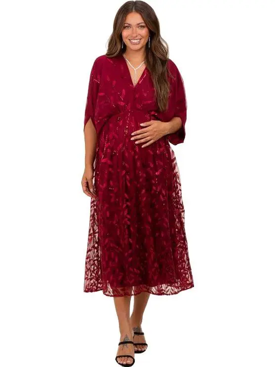PINKBLUSH Embroidered Tulle Dolman V-neck Midi Dress - Burgundy