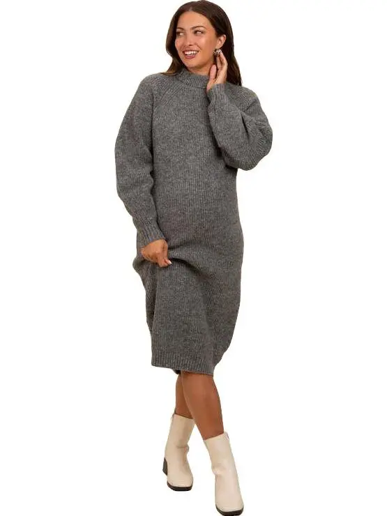 PINKBLUSH Mock Neck Bubble Sleeve Maternity Midi Sweater Dress - Charcoal Grey
