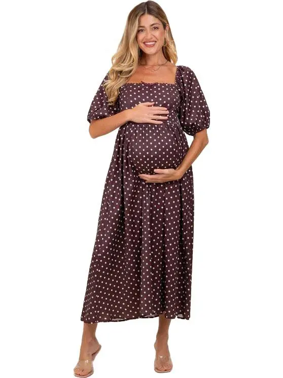 PINKBLUSH Polka Dot Square Neck Maternity Midi Dress - Brown