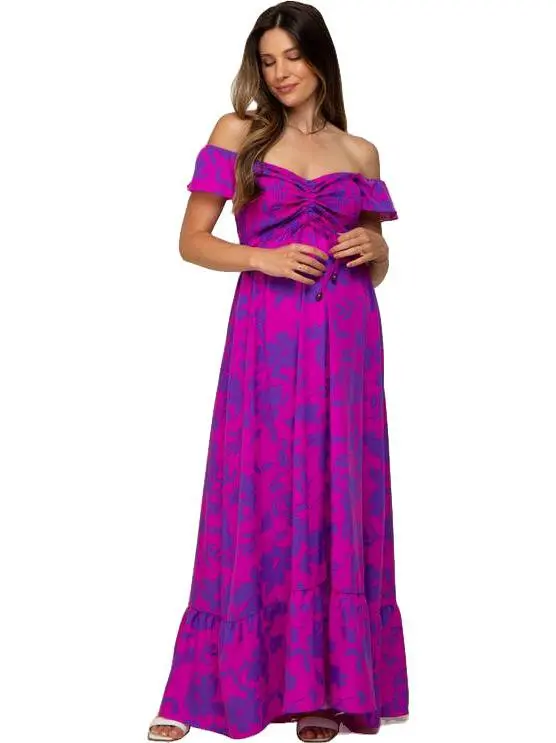 PINKBLUSH Floral Smocked Top Maternity Maxi Dress - Magenta