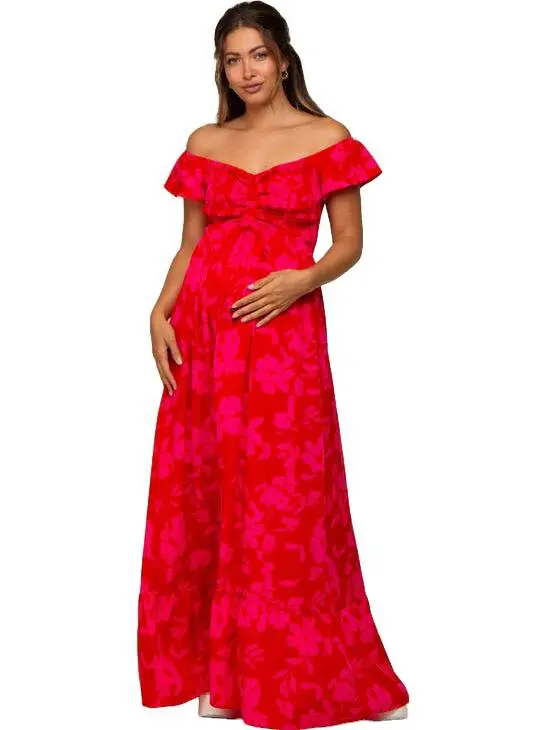 PINKBLUSH Floral Smocked Top Maternity Maxi Dress - Red
