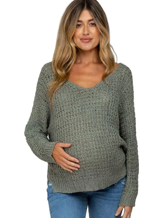 PINKBLUSH V-neck Knit Sweater - Olive Green