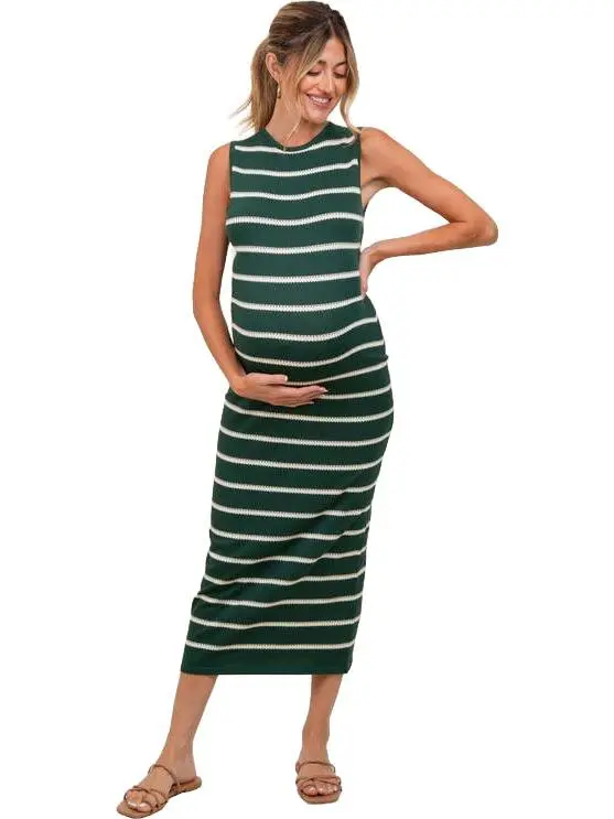 PINKBLUSH Striped Sleeveless Knit Midi Dress - Forest Green