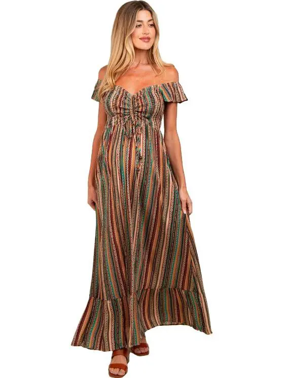 PINKBLUSH Off Shoulder Cinched Maxi Dress - Multi