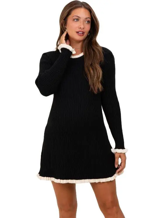 PINKBLUSH Ribbed Knit Ruffle Trim Mini Dress - Black