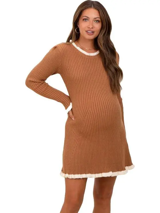 PINKBLUSH Ribbed Knit Ruffle Trim Mini Dress - Camel