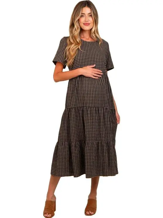 PINKBLUSH Gingham Tiered Midi Dress - Black