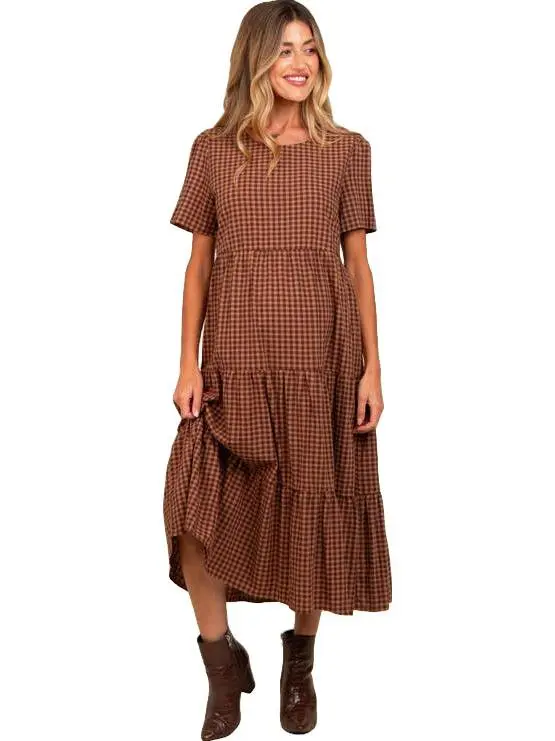 PINKBLUSH Gingham Tiered Midi Dress - Mocha