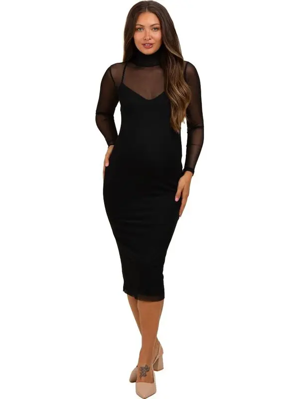 PINKBLUSH Mesh Overlay Fitted Midi Dress - Black
