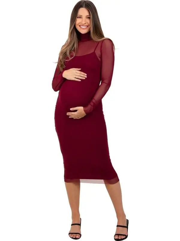 PINKBLUSH Mesh Overlay Fitted Midi Dress - Burgundy