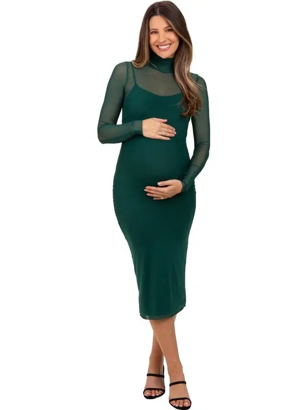 PINKBLUSH Mesh Overlay Fitted Midi Dress - Forest Green