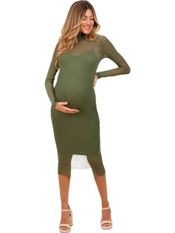 PINKBLUSH Mesh Overlay Fitted Midi Dress - Olive Green