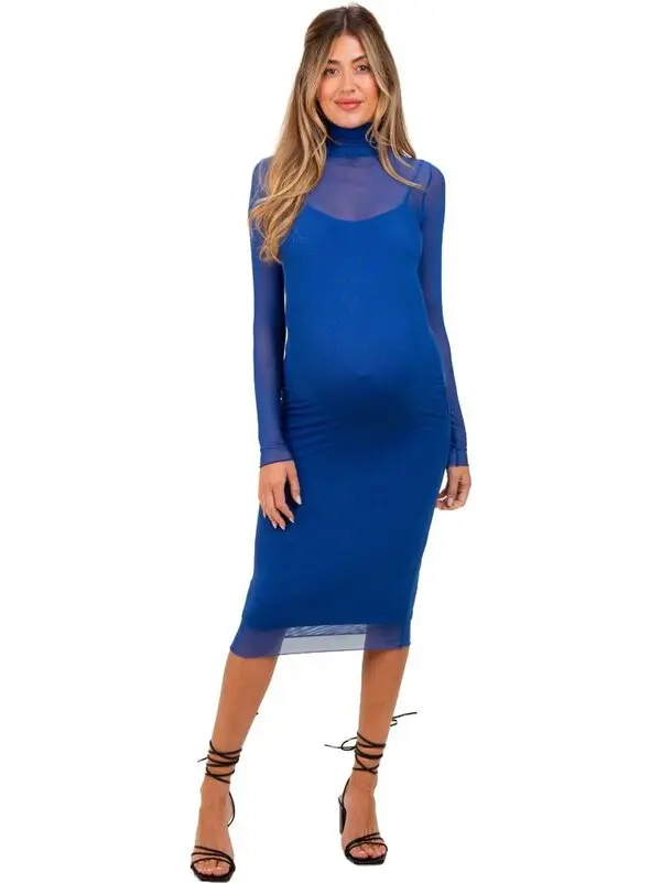 PINKBLUSH Mesh Overlay Fitted Midi Dress - Royal Blue