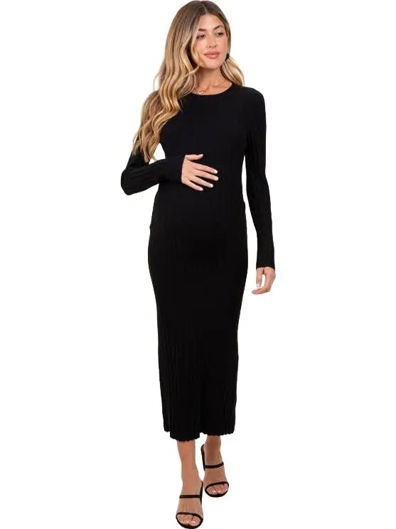 PINKBLUSH Ribbed Knit Fitted Midi Sweater Dress - Black