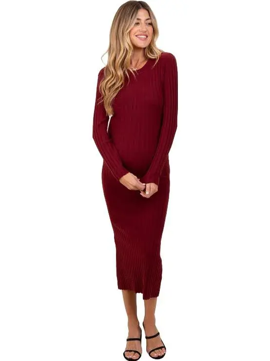 PINKBLUSH Fitted Midi Sweater Dress - Burgundy