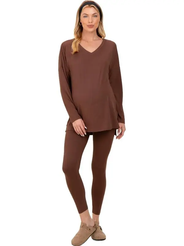 PINKBLUSH Brushed Knit Oversized Top And Legging Set - Brown