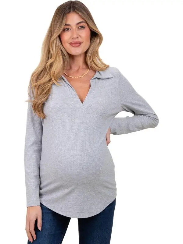 PINKBLUSH Ribbed Collared Long Sleeve Top - Heather Grey