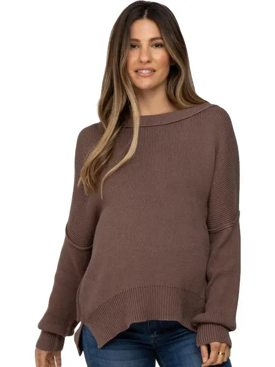 PINKBLUSH Exposed Seam Side Slit Maternity Sweater - Brown