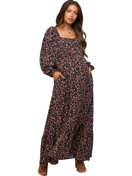 PINKBLUSH Floral Square Neck Ruffle Maxi Dress - Navy Blue