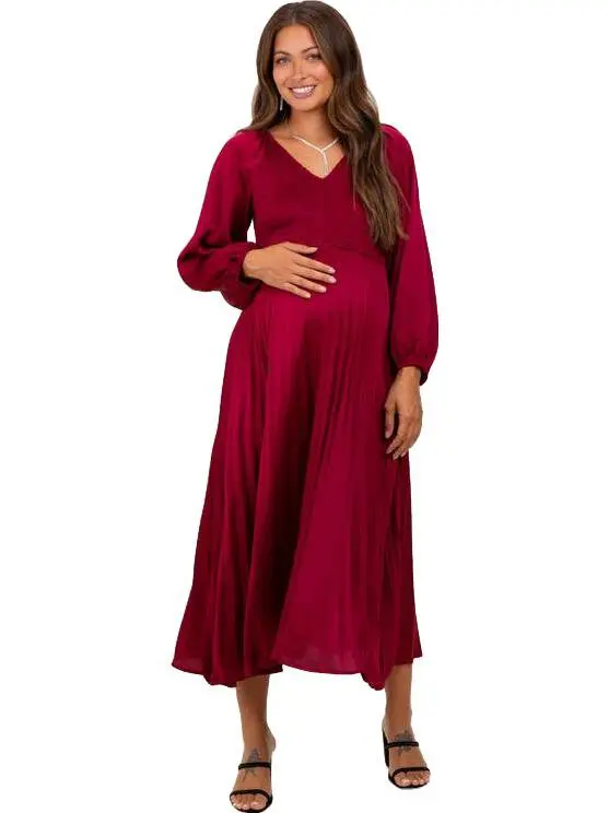 PINKBLUSH Satin Smocked Pleated Midi Dress - Burgundy