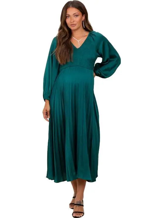 PINKBLUSH Satin Smocked Pleated Midi Dress - Forest Green