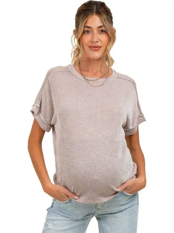 PINKBLUSH Ribbed Exposed Seam Short Sleeve Top - Taupe