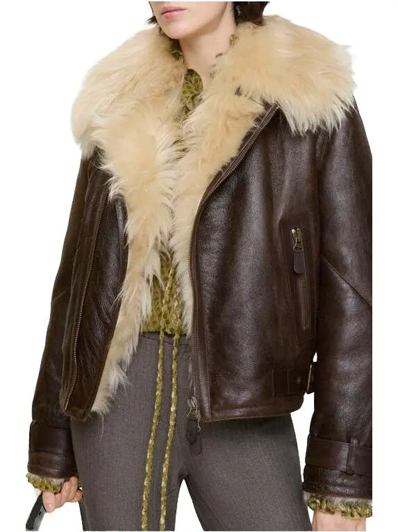 Burberry Cropped Shearling Aviator Jacket - Dark Brown