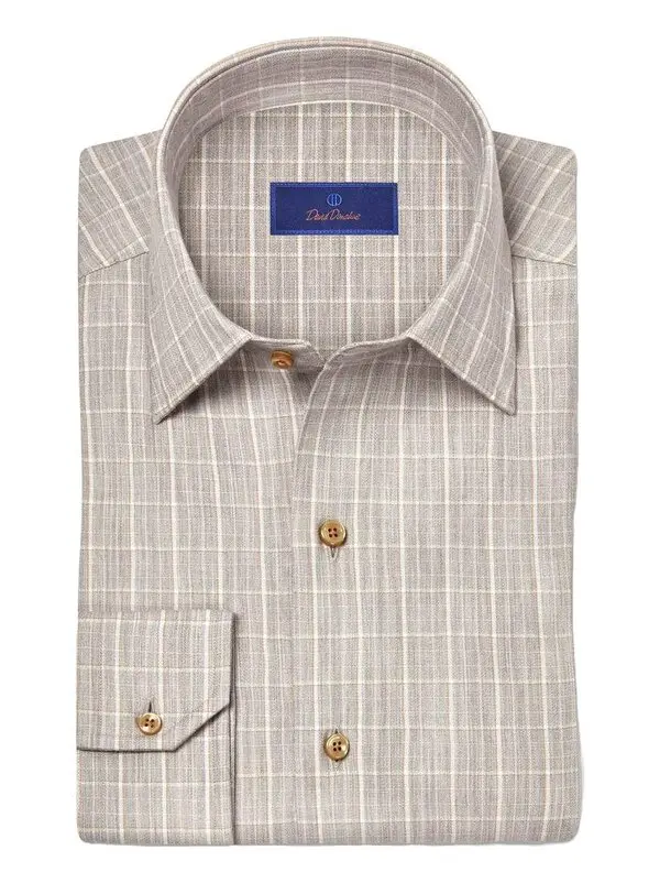 David Donahue Cotton & Cashmere Herringbone Check Sport Shirt - Pearl