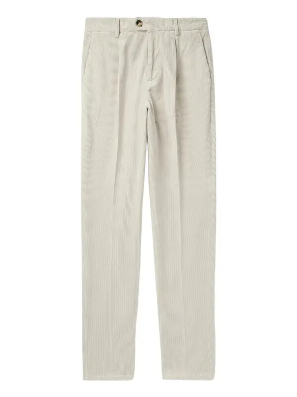 Brunello Cucinelli Straight-leg Pleated Cotton-corduroy Trousers - Neutrals