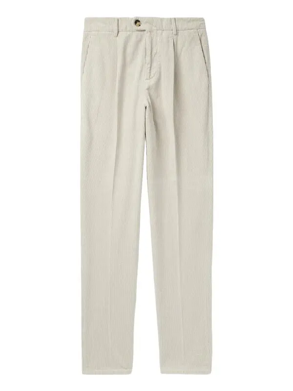 Brunello Cucinelli Straight-leg Pleated Cotton-corduroy Trousers - Neutrals