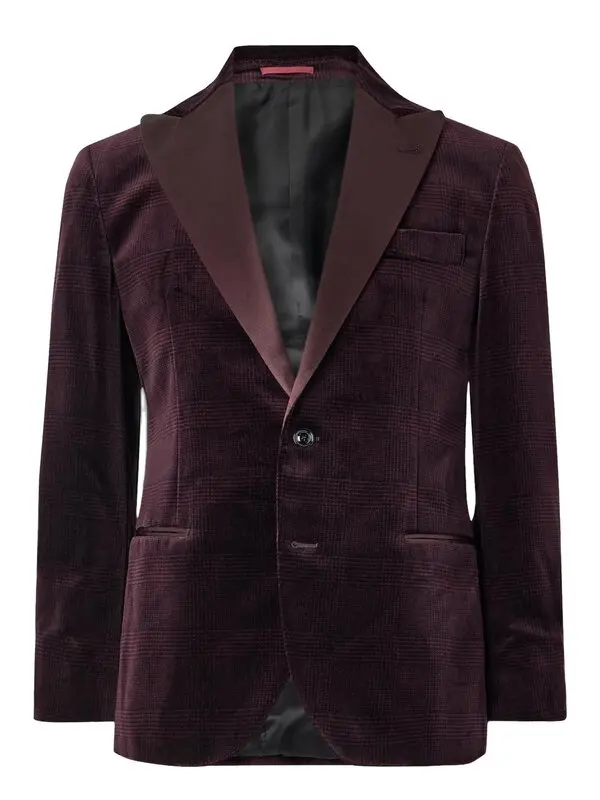 Brunello Cucinelli Slim-fit Satin-trimmed Prince Of Wales Checked Cotton-velvet Tuxedo Jacket - Burgundy