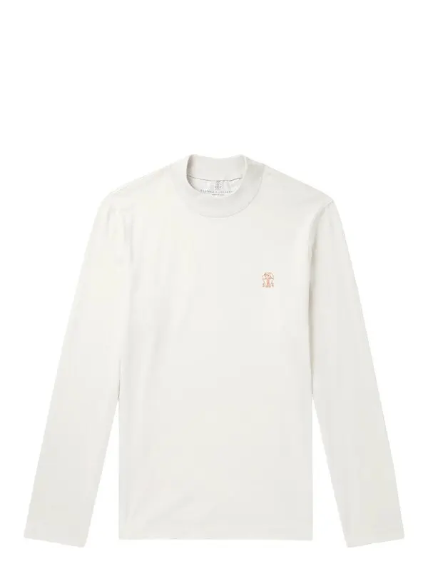 Brunello Cucinelli Logo-print Cotton-jersey Mock-neck T-shirt - White