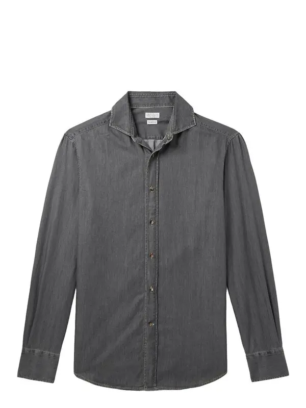 Brunello Cucinelli Slim-fit Spread-collar Cotton-chambray Shirt - Gray