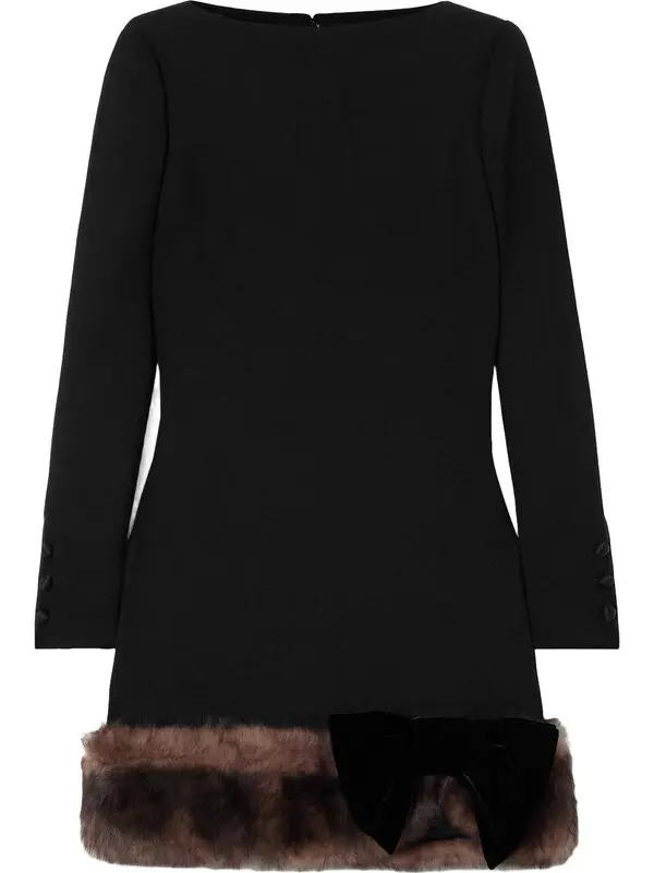 Valentino Garavani Bow-detailed Shearling And Lace-trimmed Mini Dress - Black