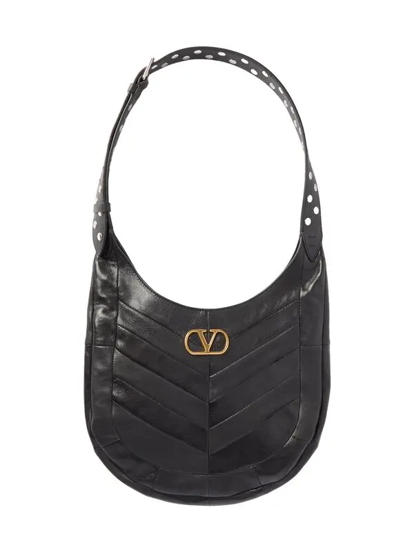 Valentino Garavani Small Studded Paneled Leather Shoulder Bag - Black
